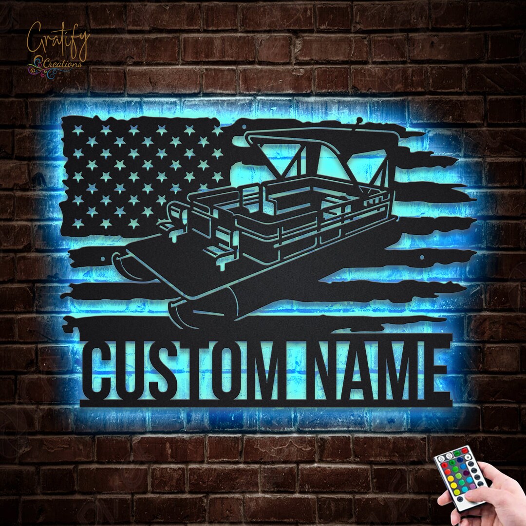 US Pontoon Boat Metal Sign LED Lights V7, Custom Pontoon Boat Metal ...