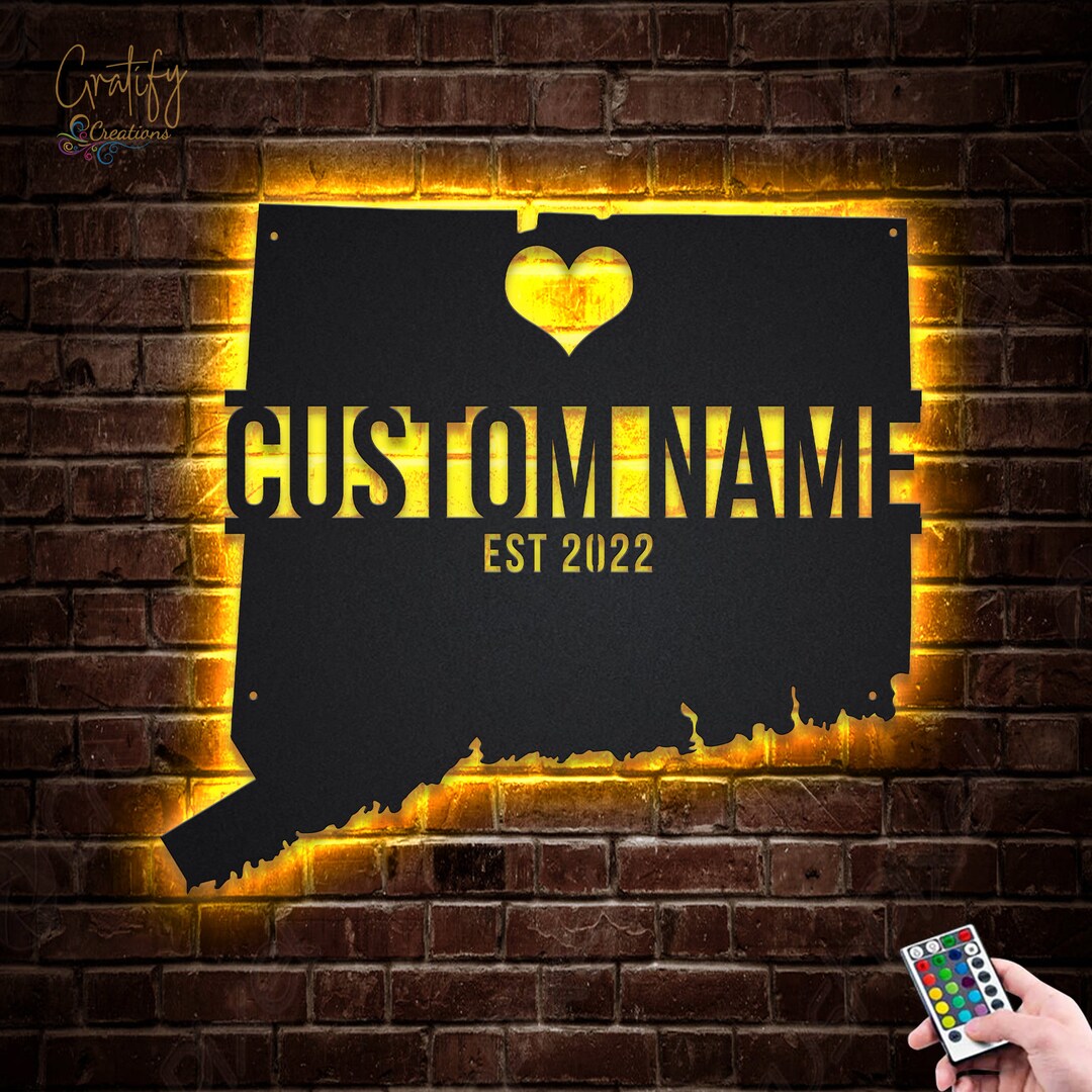 Connecticut State Map Metal Sign LED Lights, Custom Connecticut State ...