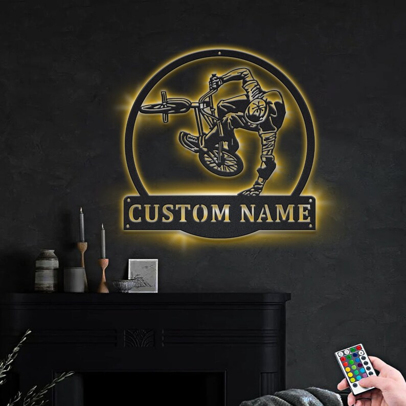 BMX Biker Monogram Metal Wall Art LED Lights V2, Custom BMX Cycle Sport ...