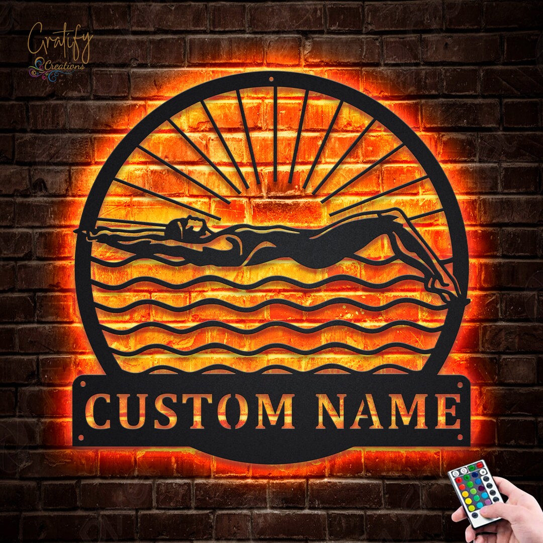 Female Swimmer Metal Sign LED Lights V1, Custom Swimming Metal Sign ...