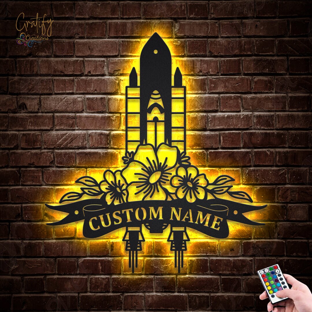 Space Ship Rocket Launch Metal Sign LED Lights V5, Custom Space Ship ...