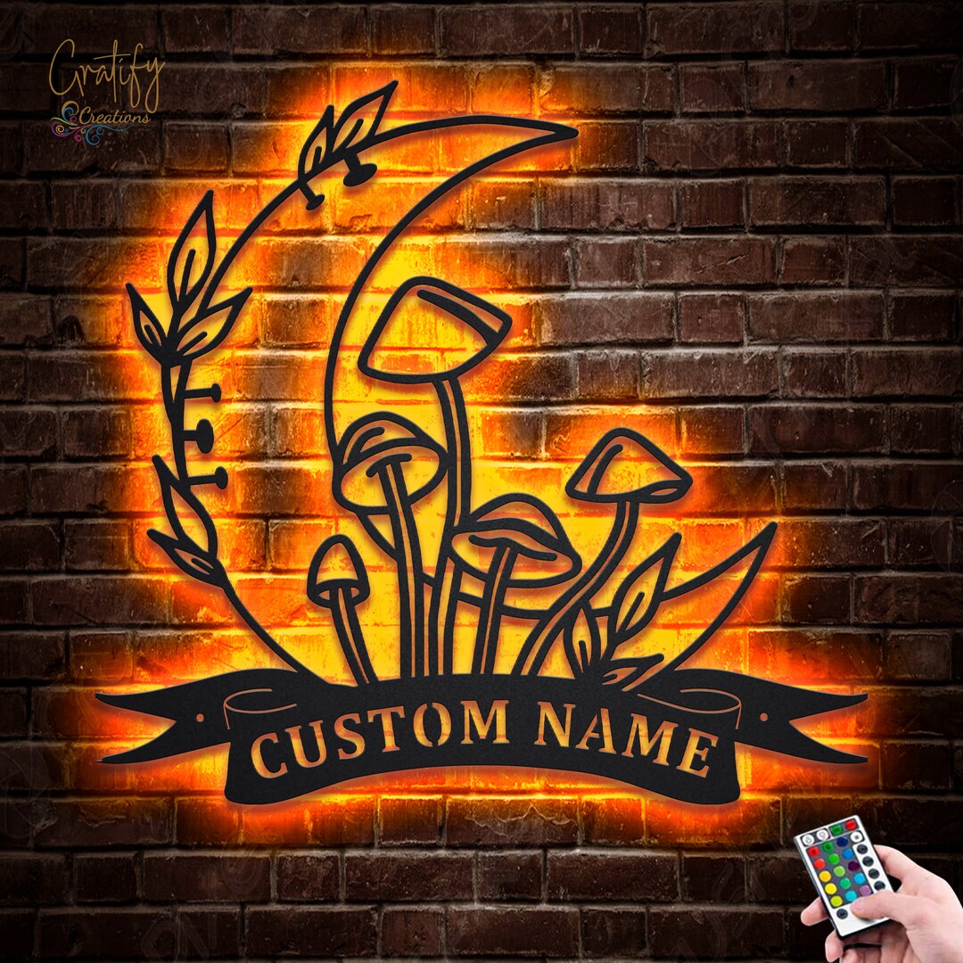 Moon Mushroom Metal Sign LED Lights V2, Custom Mushrooms Metal Sign ...