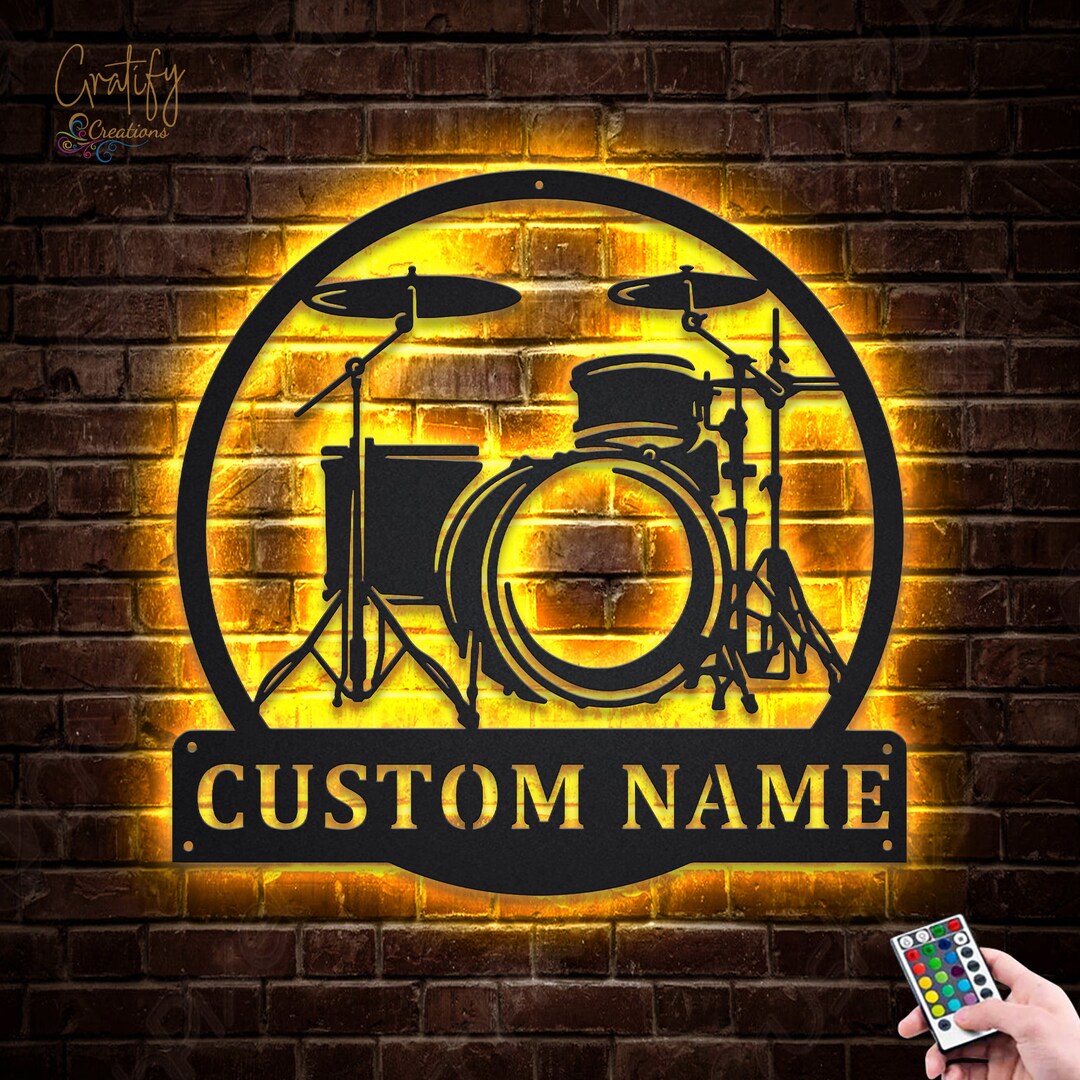 Drum Metal Wall Art With LED Lights V2, Custom Drummer Metal Signs ...