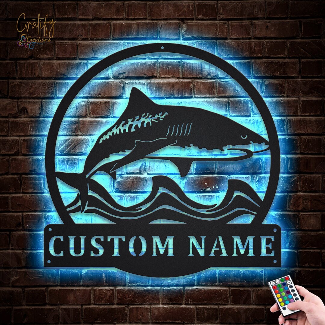 Tiger Shark Metal Sign LED Lights, Custom Tiger Shark Sign Decoration ...