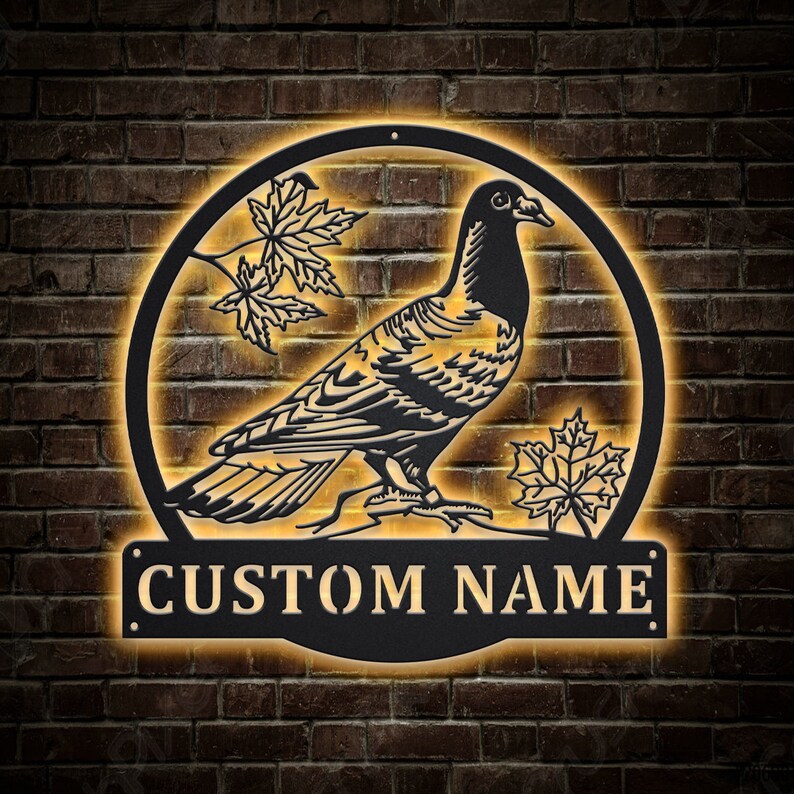 Pigeon Bird Monogram Custom Metal Wall Art With LED Lights, Custom ...