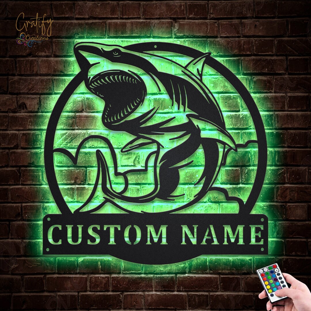 White Shark Monogram Metal Sign LED Lights, Custom White Shark Metal ...