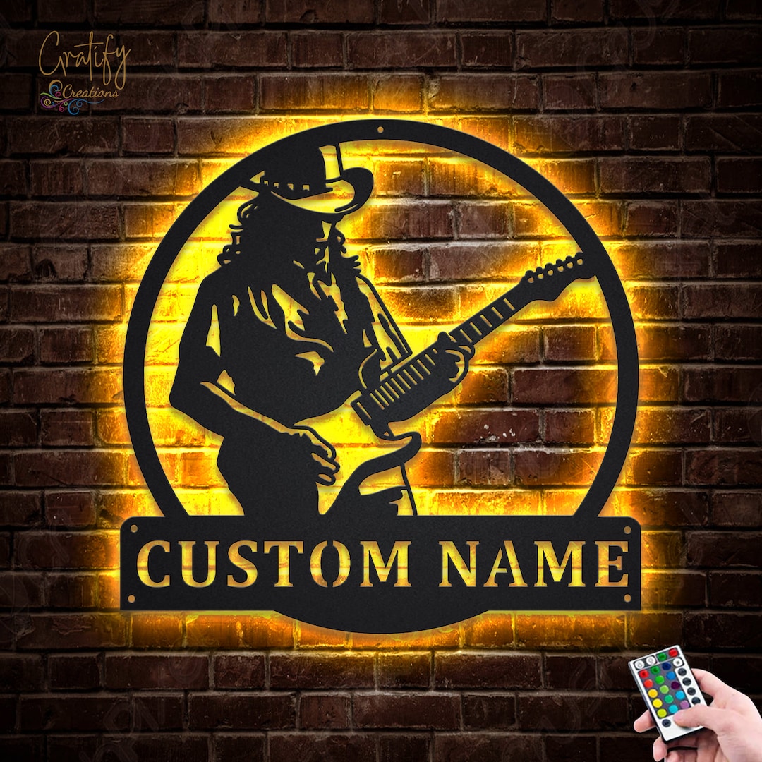 Guitar Man Metal Sign With LED Lights V3, Guitar Metal Wall Art RGB ...
