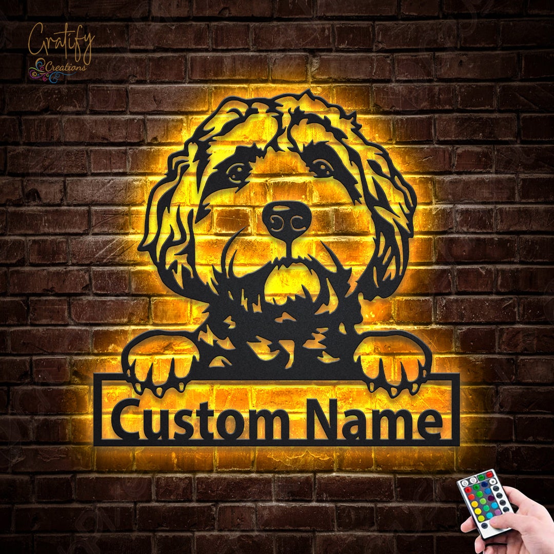 Goldendoodle Metal Sign LED Lights, Custom Goldendoodle Metal Wall Art ...