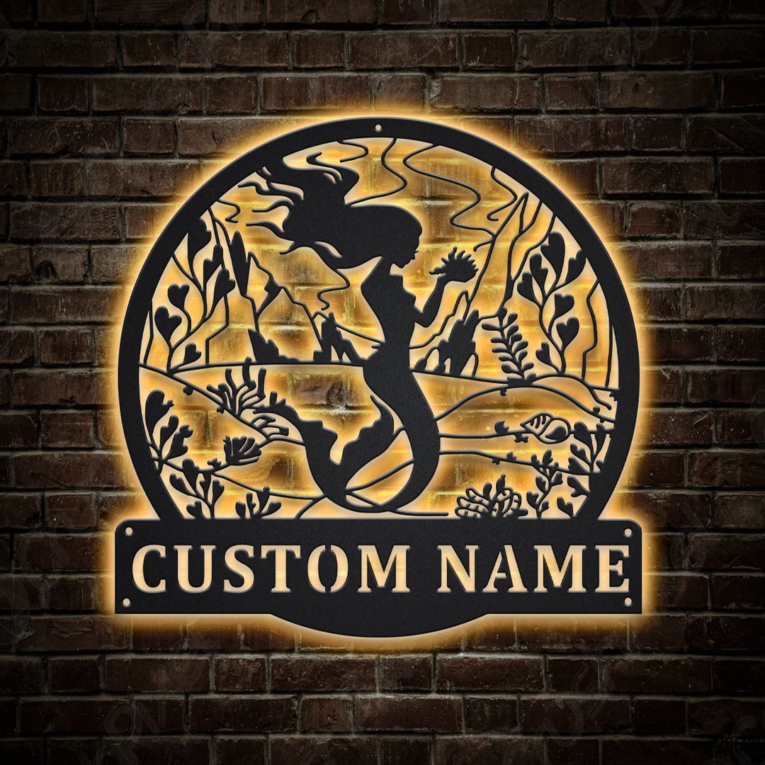 Mermaid Metal Sign LED Lights V3, Custom Mermaid Metal Sign, Mermaid ...