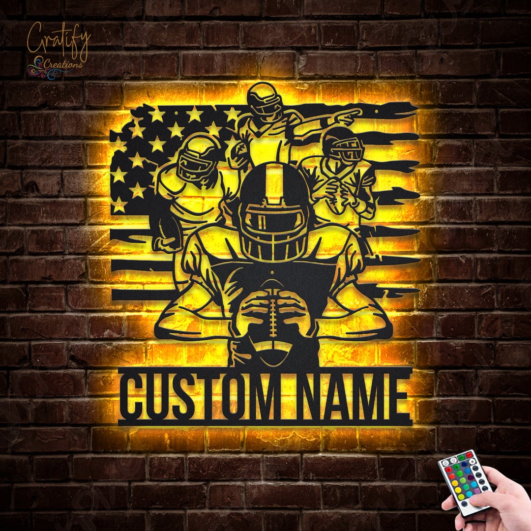 Football Team Metal Wall Art LED Lights, Custom Football American Metal ...