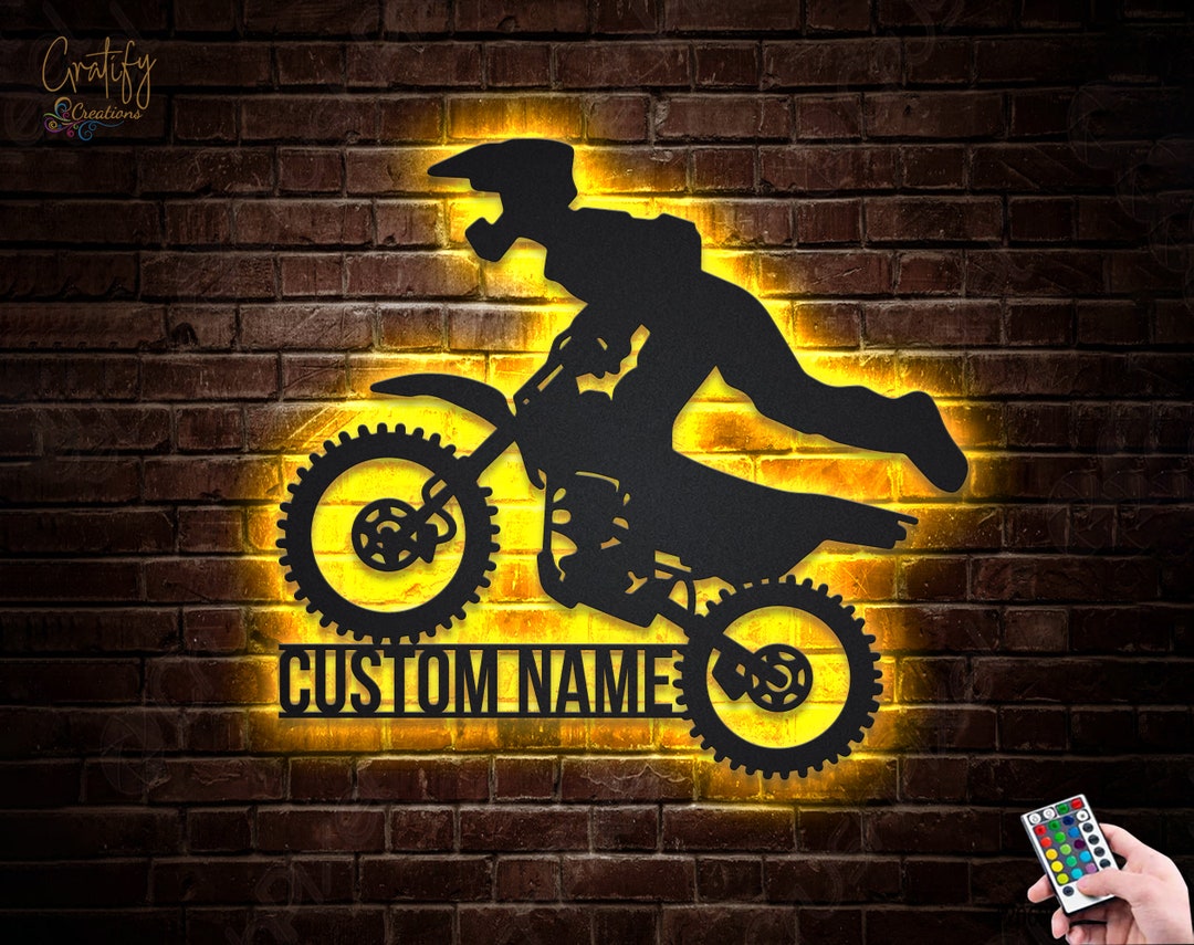 Custom Dirt Bike Metal Sign With LED Lights, Motocross Rider Name Sign ...