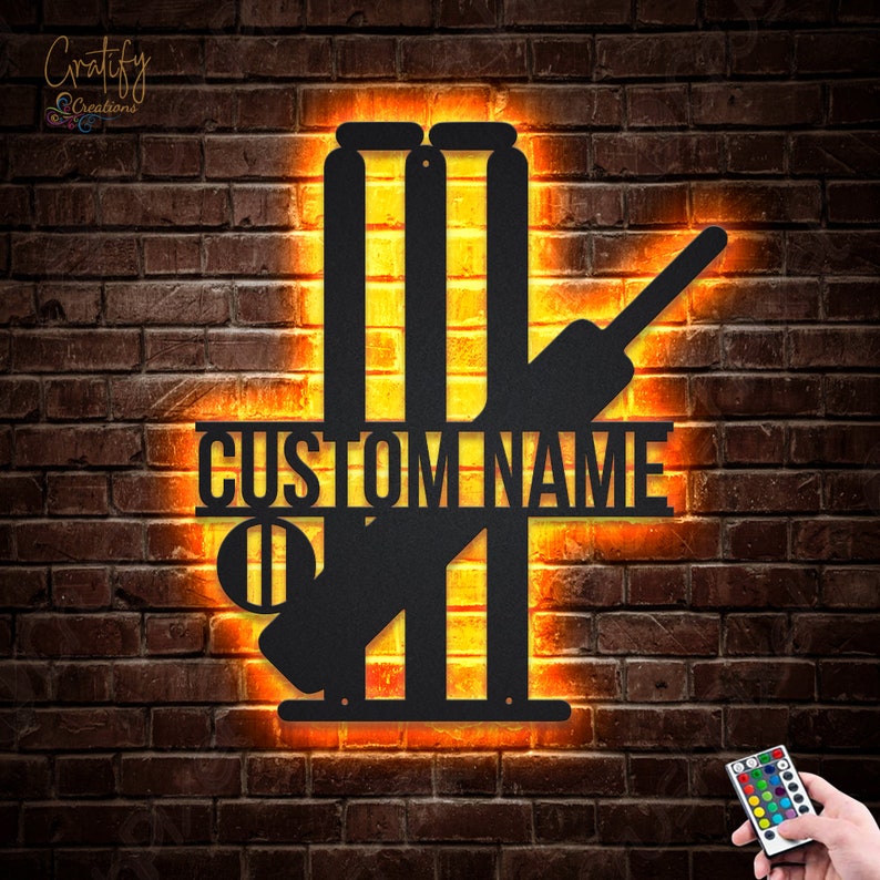 Cricket Stump Sport Metal Wall Art LED Lights V4, Custom Cricket Sport ...