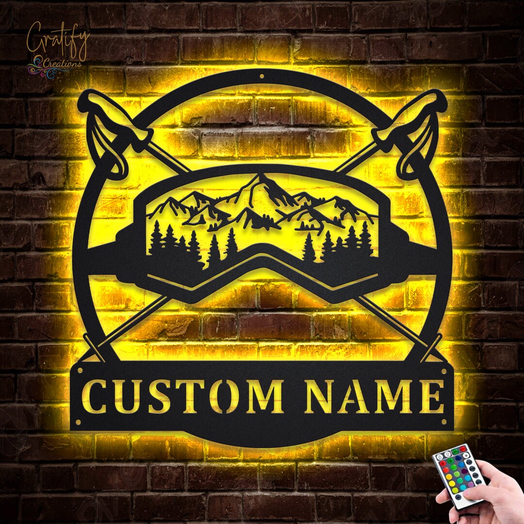 Skiing Metal Wall Art LED Lights V4, Custom Snow Skiing Metal Sign ...