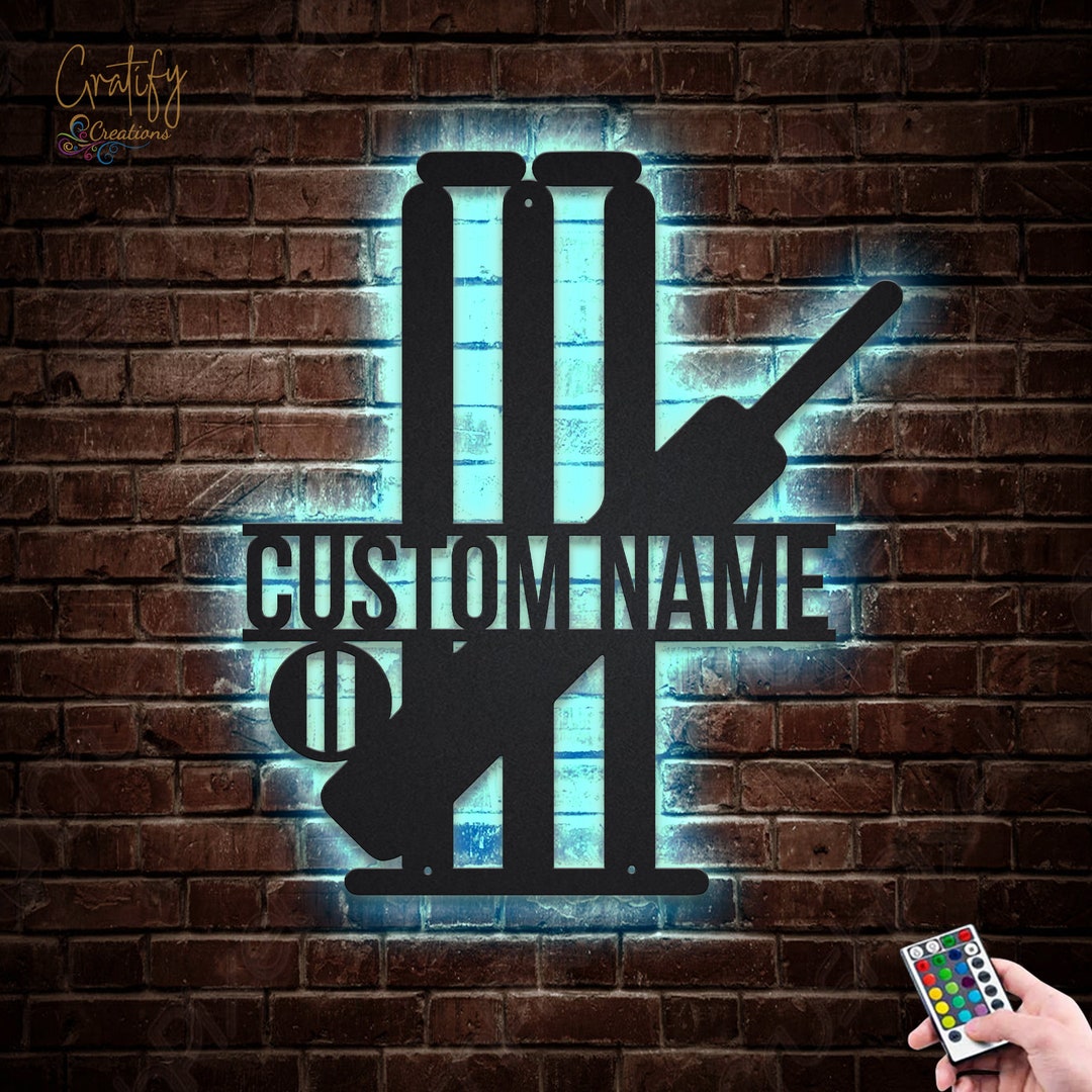 Cricket Stump Sport Metal Wall Art LED Lights V4, Custom Cricket Sport ...