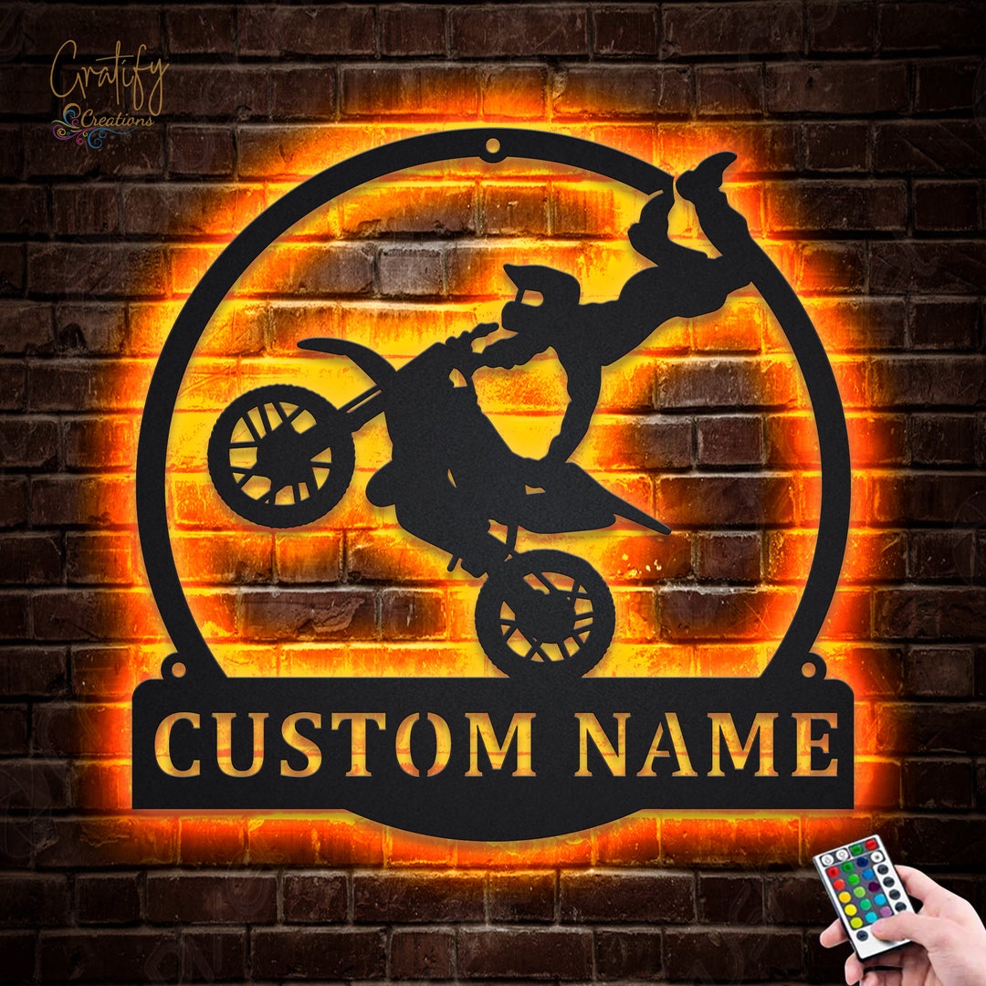 Motocross Rider Metal Wall Art LED Lights V6, Custom Motocross Biker ...