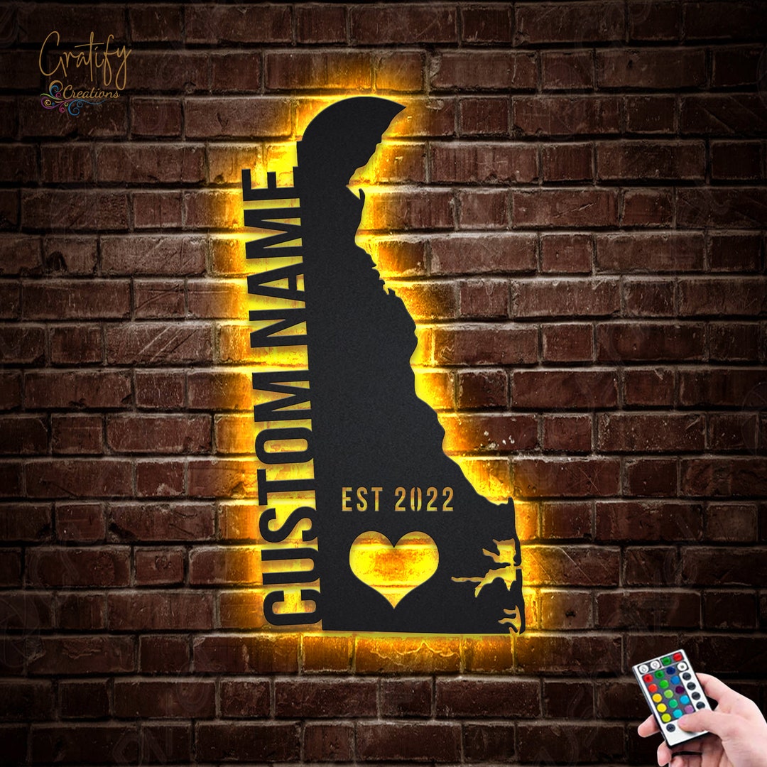 Delaware State Map Metal Sign LED Lights, Custom Delaware State Map ...