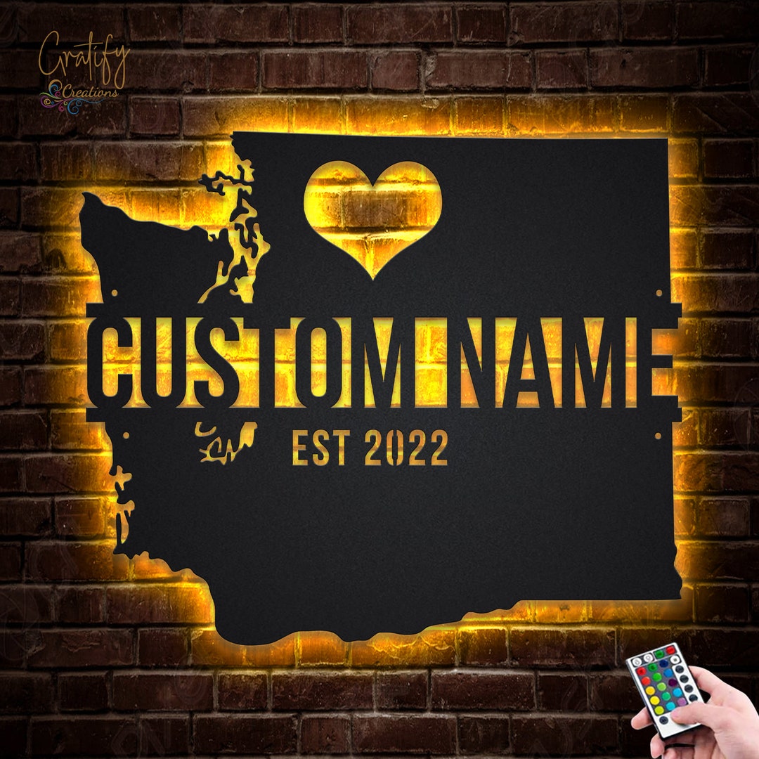 Washington State Map Metal LED Lights, Custom Washington Metal Wall Art ...