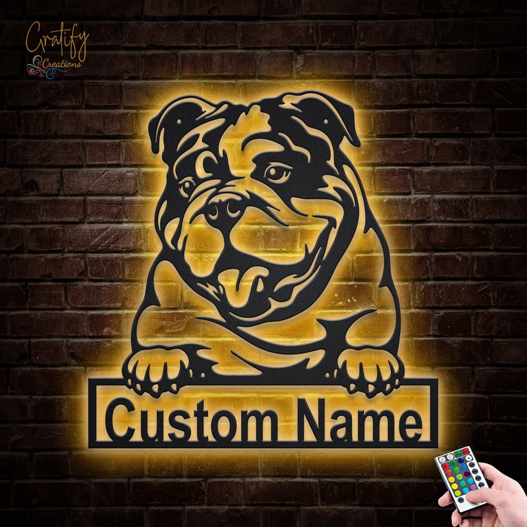 Custom English Bulldog Dog Metal Wall Art LED Light V2, Personalized ...