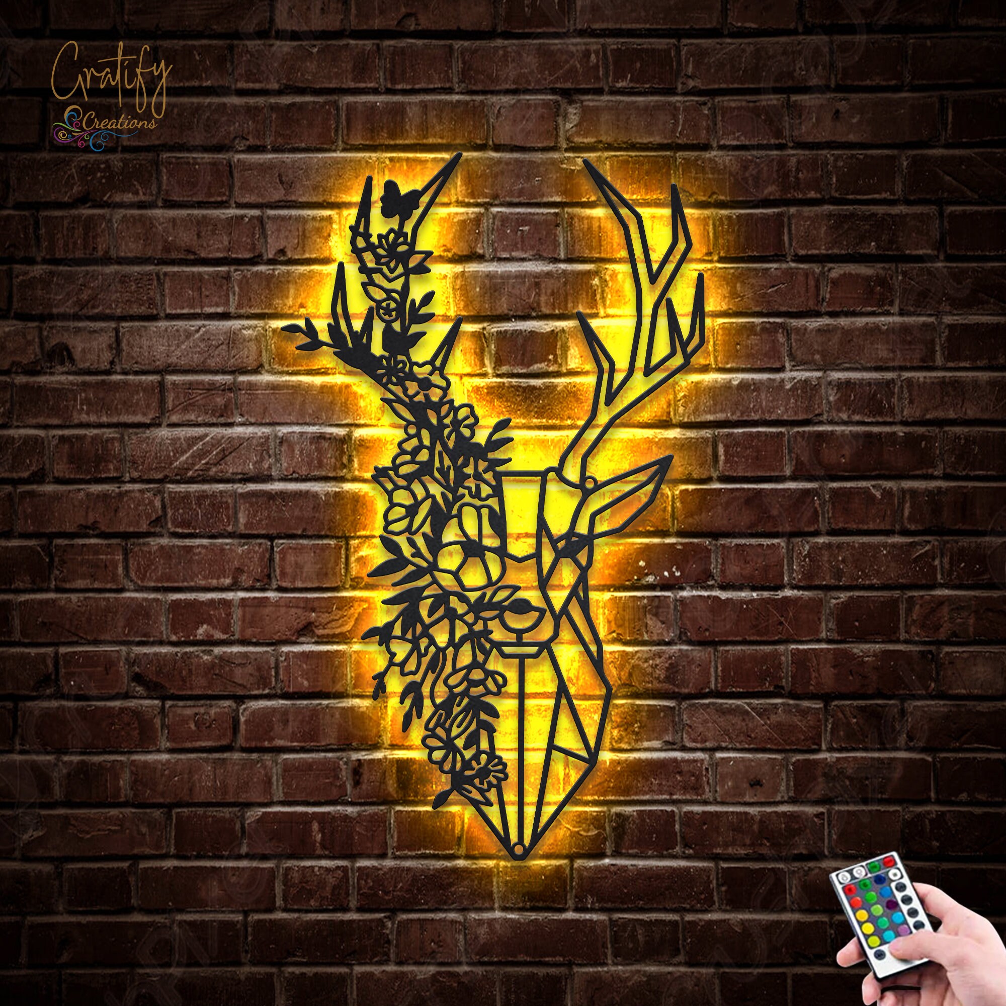 Flower Deer Geometric Monogram Metal Sign LED Lights, Custom Deer ...