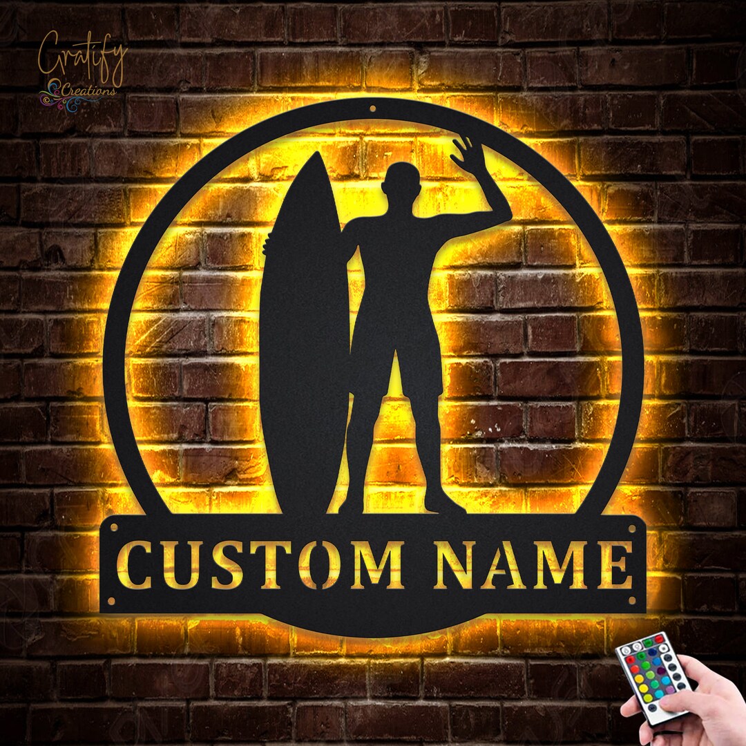 Surfing Metal Sign LED Lights V1, Custom Surfing Sport Metal Sign ...
