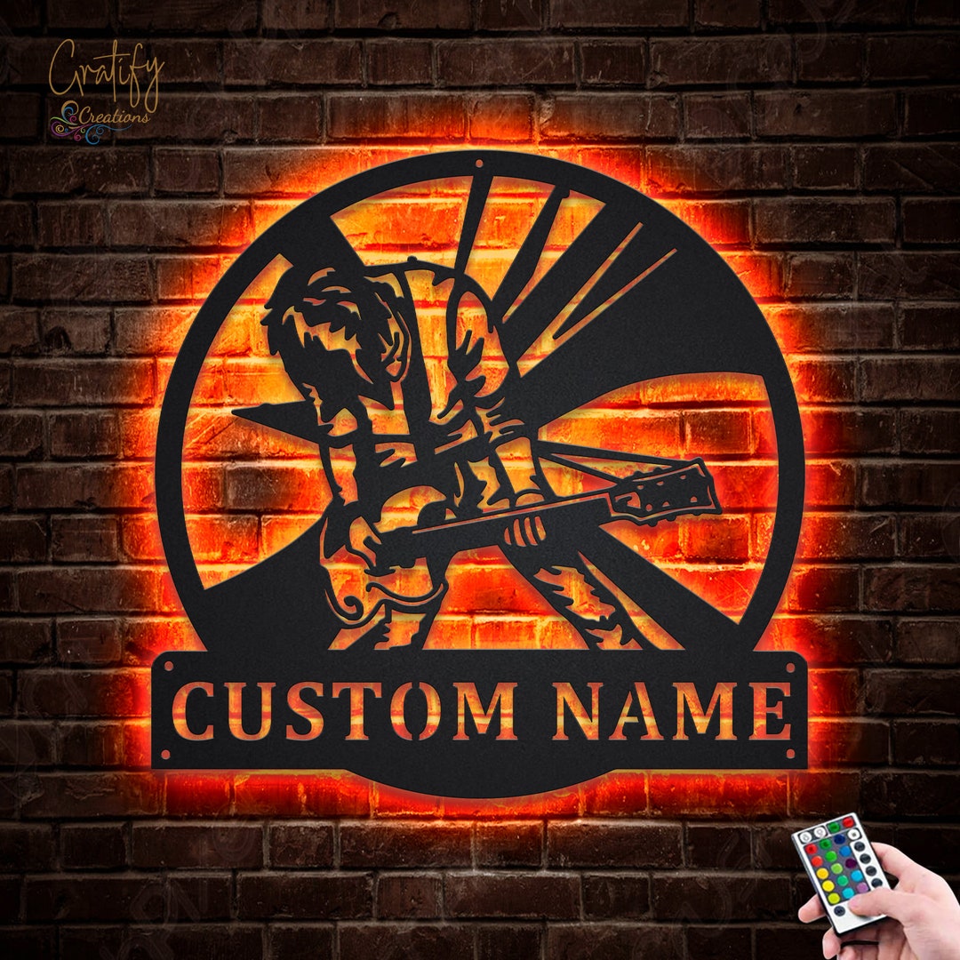 Guitar Man Metal Sign With LED Lights V2, Guitar Metal Wall Art RGB ...