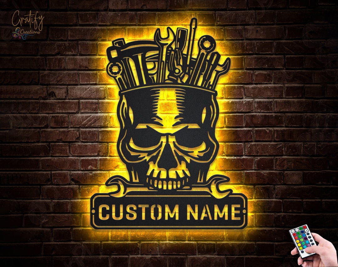 Car Mechanic Repair Workshop Sign LED Skull Garage Metal Wall Art for ...