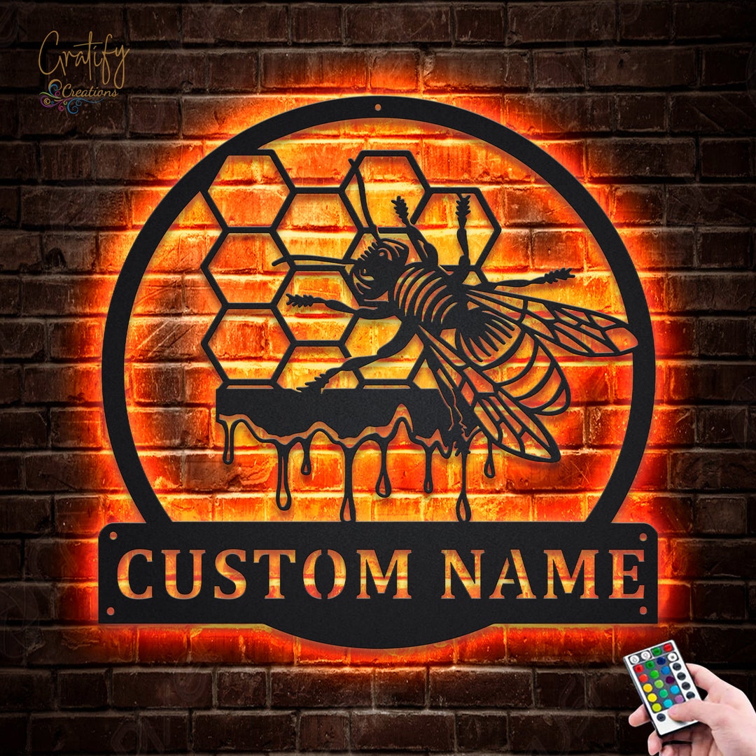Bee Metal Sign LED Lights V4, Custom Honey Bee Metal Sign, Bee ...