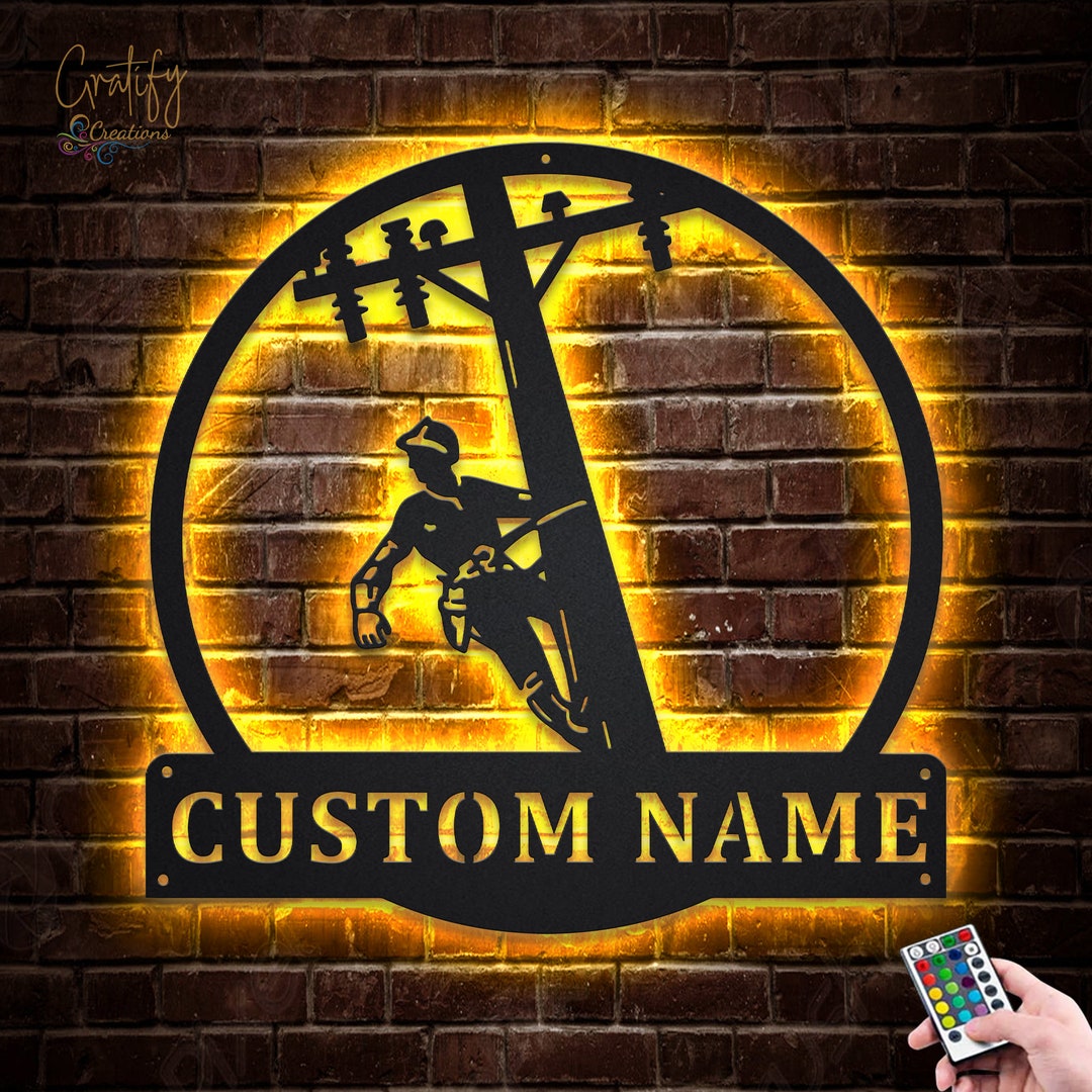Lineman Linework Metal Sign LED Lights V7, Custom Lineman Metal Sign, Lineman Neon Sign, Lineman ...