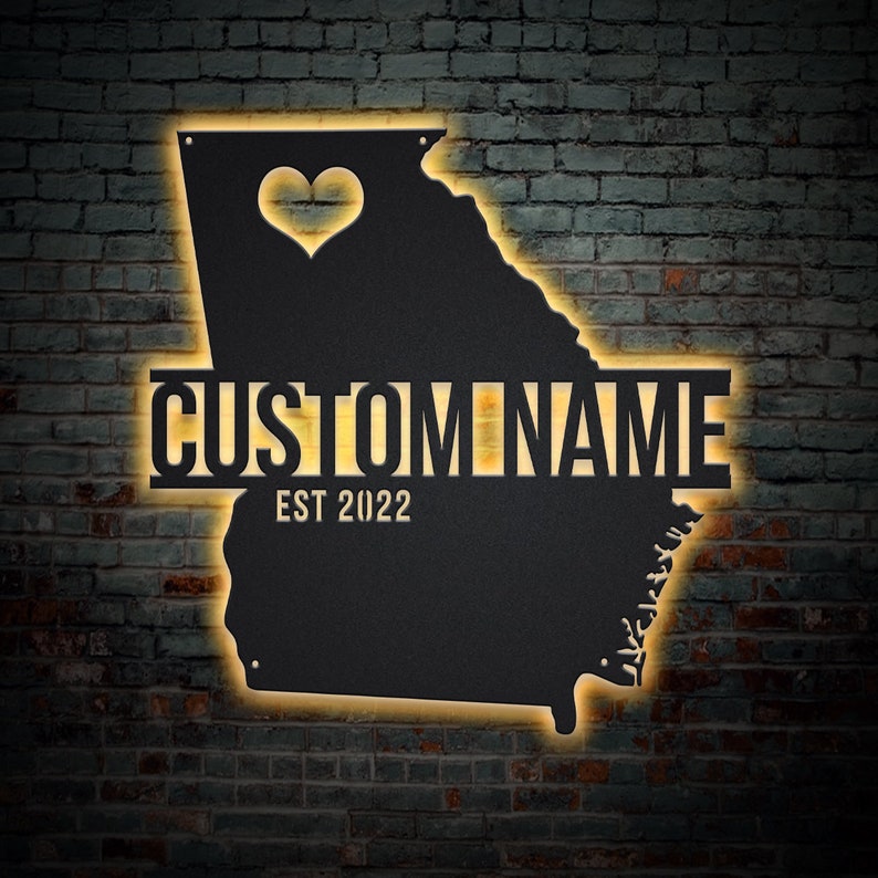 Georgia State Map Metal Sign LED Lights, Custom Georgia State Map Metal ...