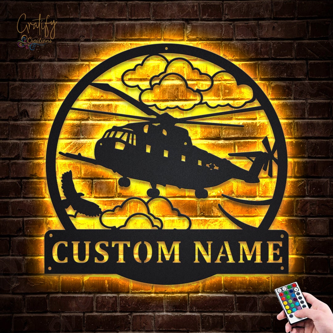 Helicopter US Metal Sign LED Lights, Custom Helicopter Metal Wall Art ...