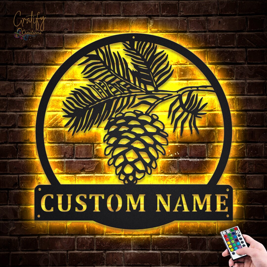 Pinecone Monogram Metal Wall Art LED Lights, Custom Pinecone Metal ...