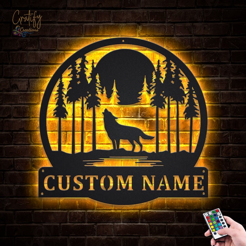 Wolf With Moon Monogram Metal Wall Art LED Lights Custom Wolf - Etsy