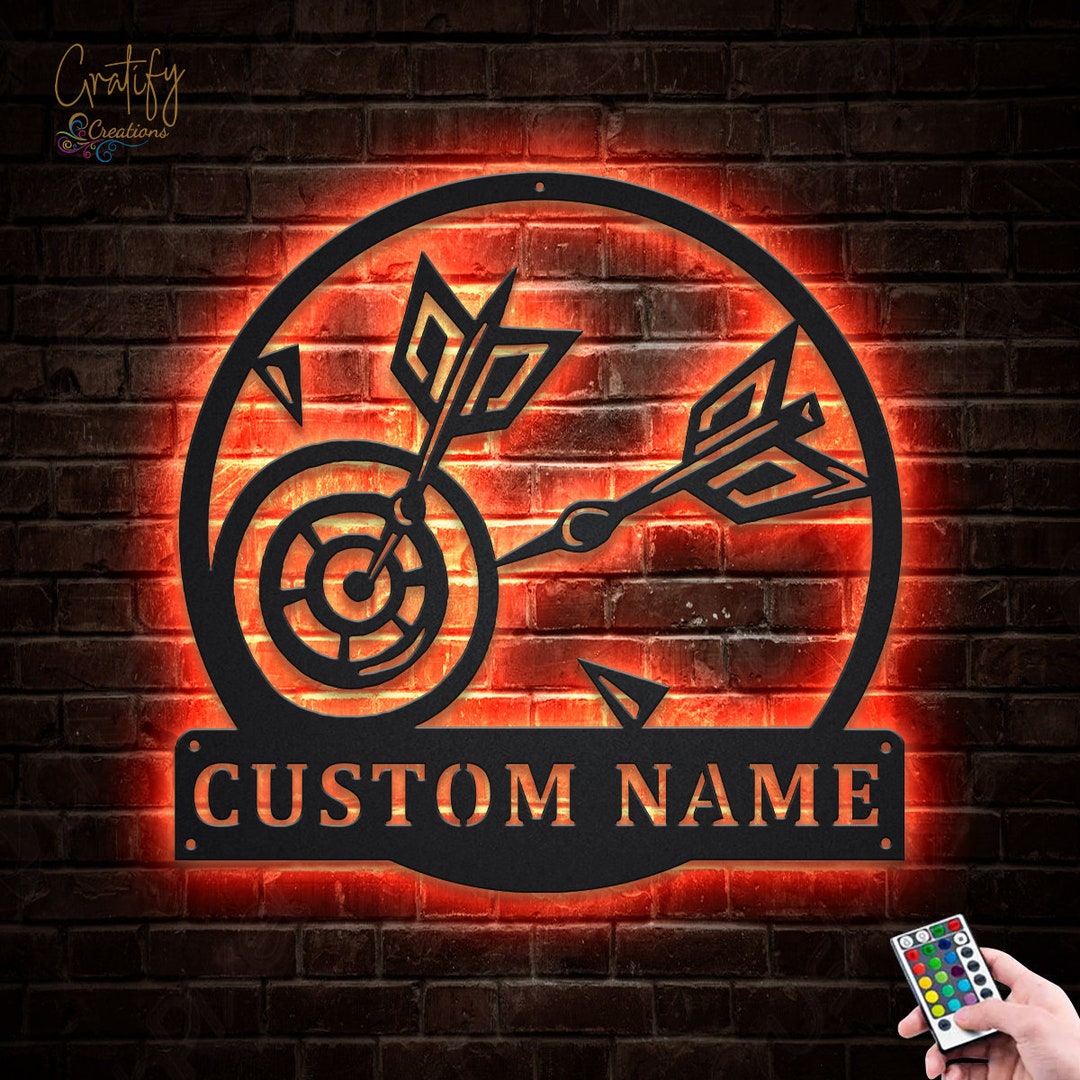 Darts Sport Monogram Metal Wall Art LED Lights V2, Custom Darts Metal ...