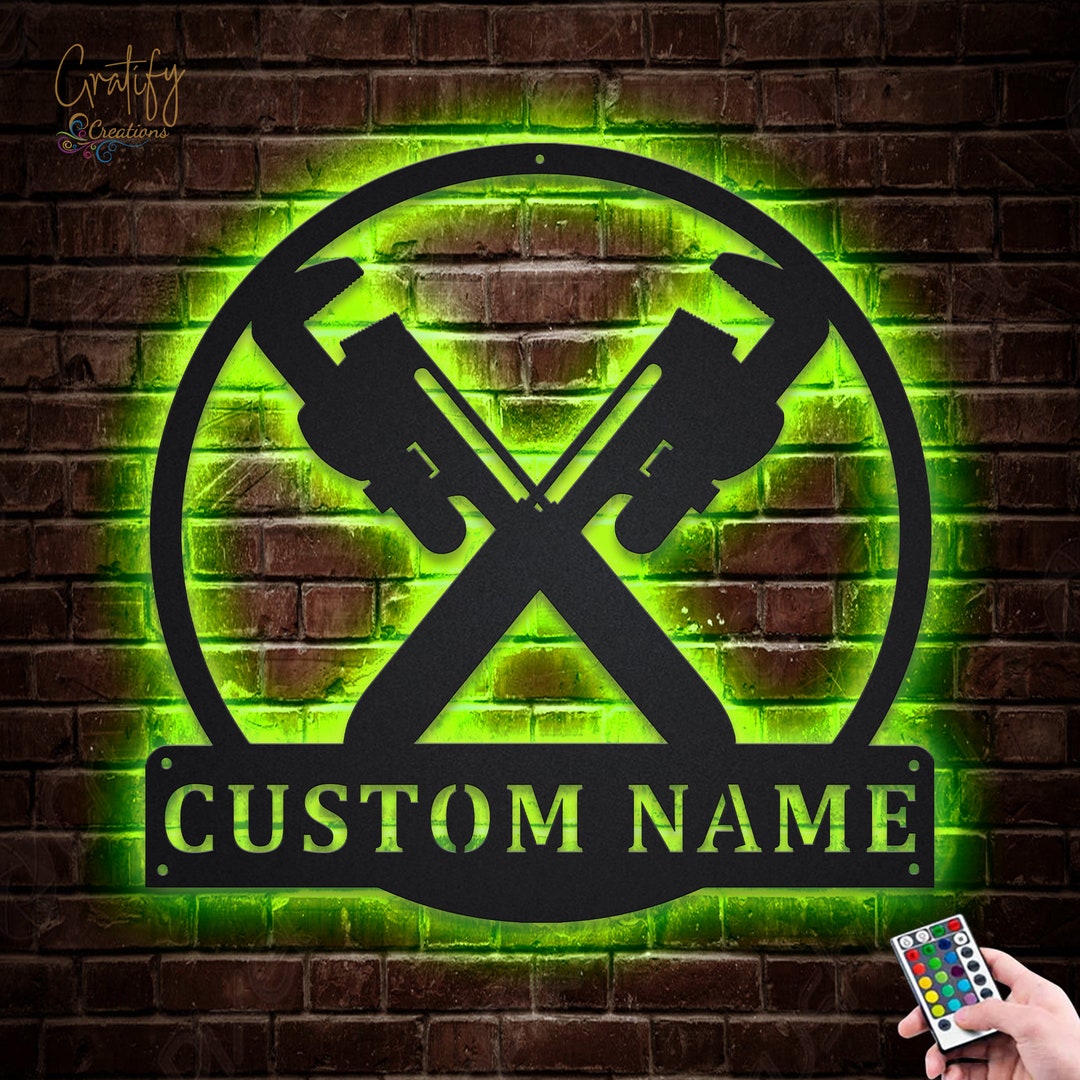 Plumbing Monogram Metal Wall Art LED Lights V2, Custom Plumbing Metal ...