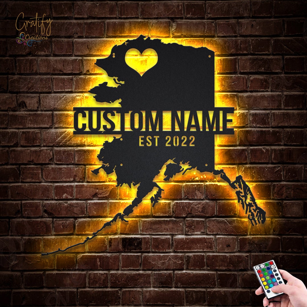 Alaska State Map Metal LED Lights, Custom Alaska State Metal Wall Art ...