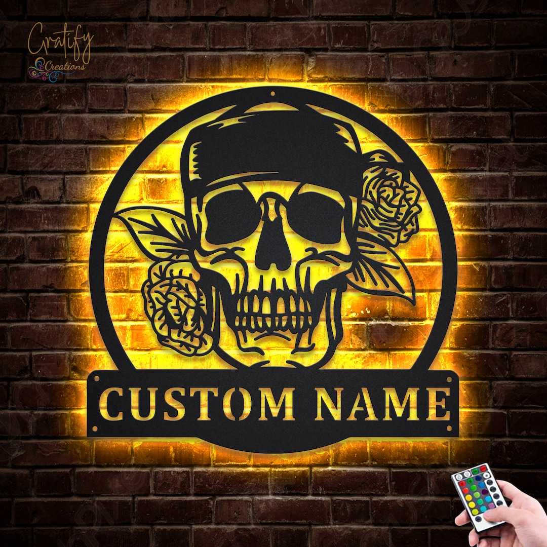 Floral Skull Metal Sign With LED Lights V4, Custom Sugar Skull Metal ...