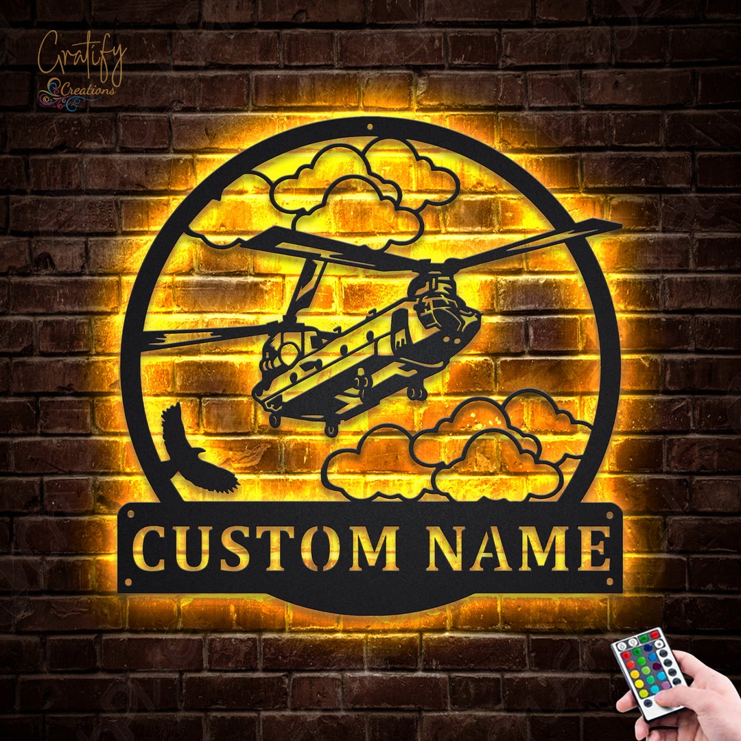 Helicopter Metal Sign LED Lights V4, Custom Helicopter Metal Wall Art ...