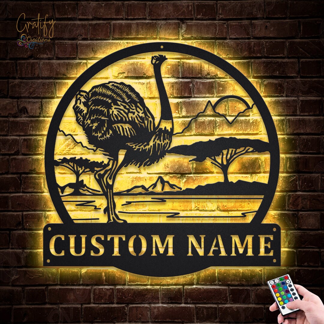 Ostrich Bird Metal Sign LED Lights V2, Custom Ostrich Bird Metal Sign ...