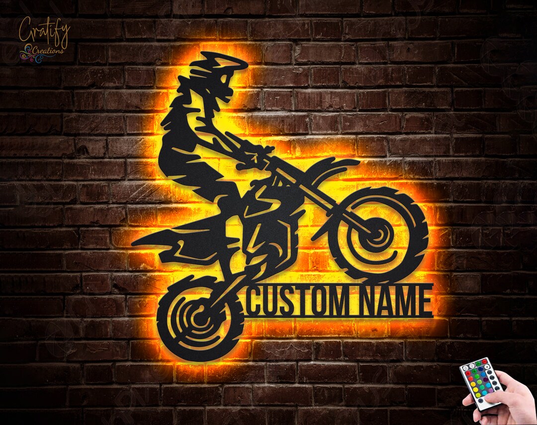 LED Dirt Bike Metal Wall Art, Custom Motocross Rider Sign, Personalized ...