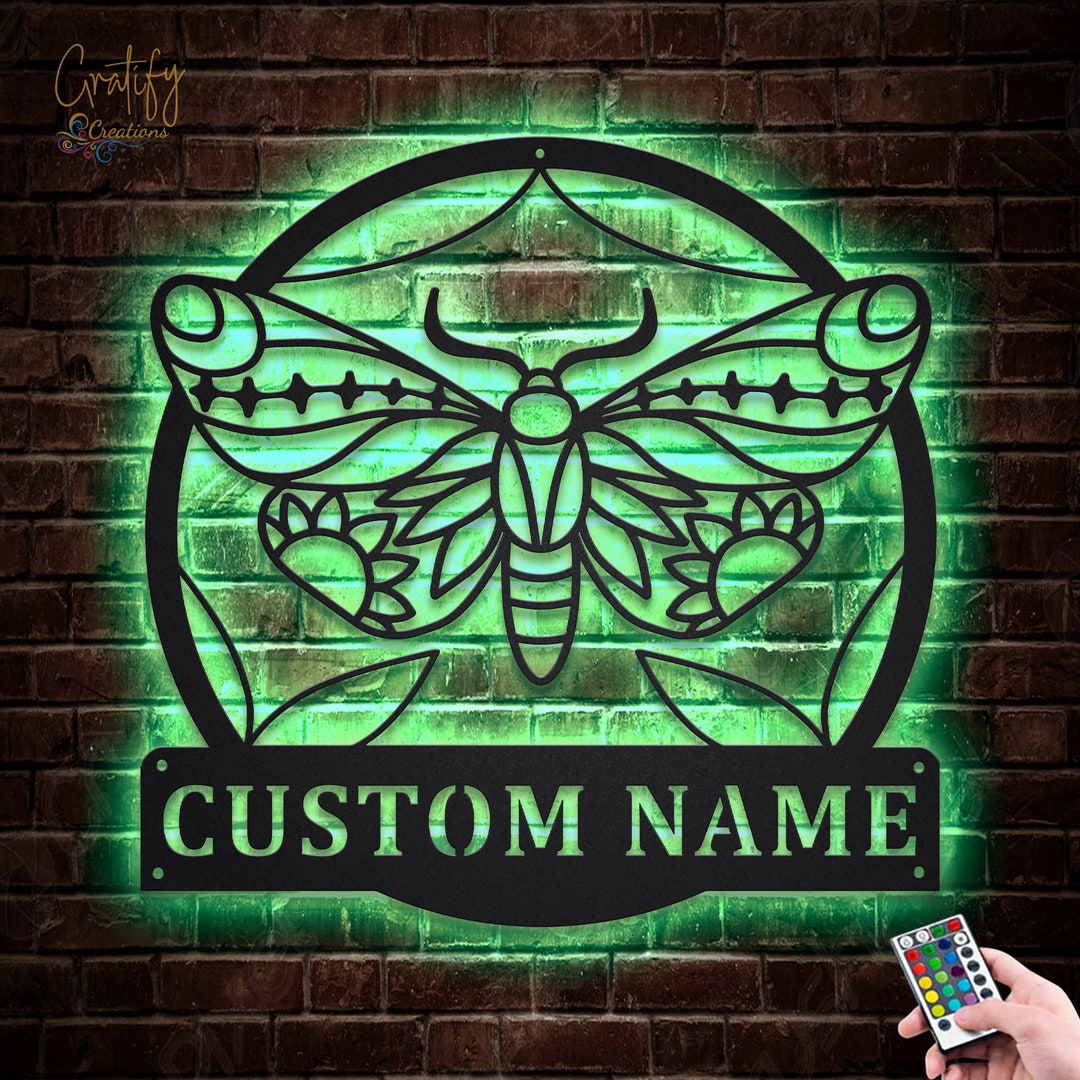 Moth Insects Metal Wall Art LED Light V9, Custom Butterfly Metal Sign ...