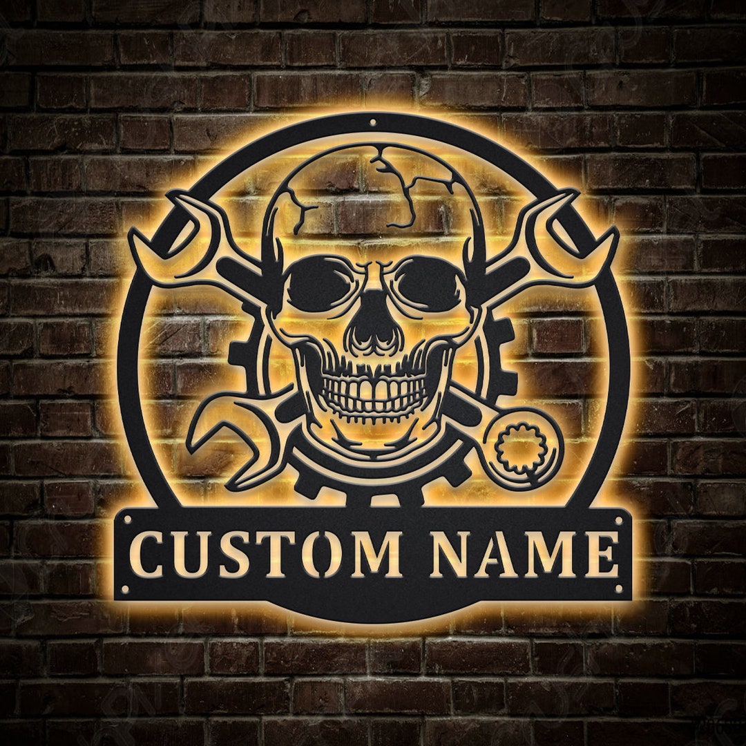 Car Mechanic Repair Workshop Sign LED Skull Garage Metal Wall Art for ...