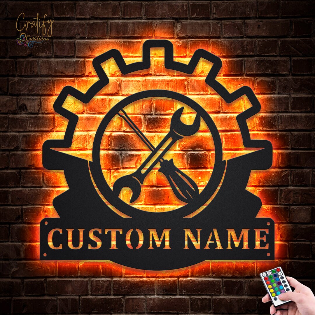 Mechanic Tools Metal Wall Art LED Lights V1, Custom Mechanic Metal Sign ...