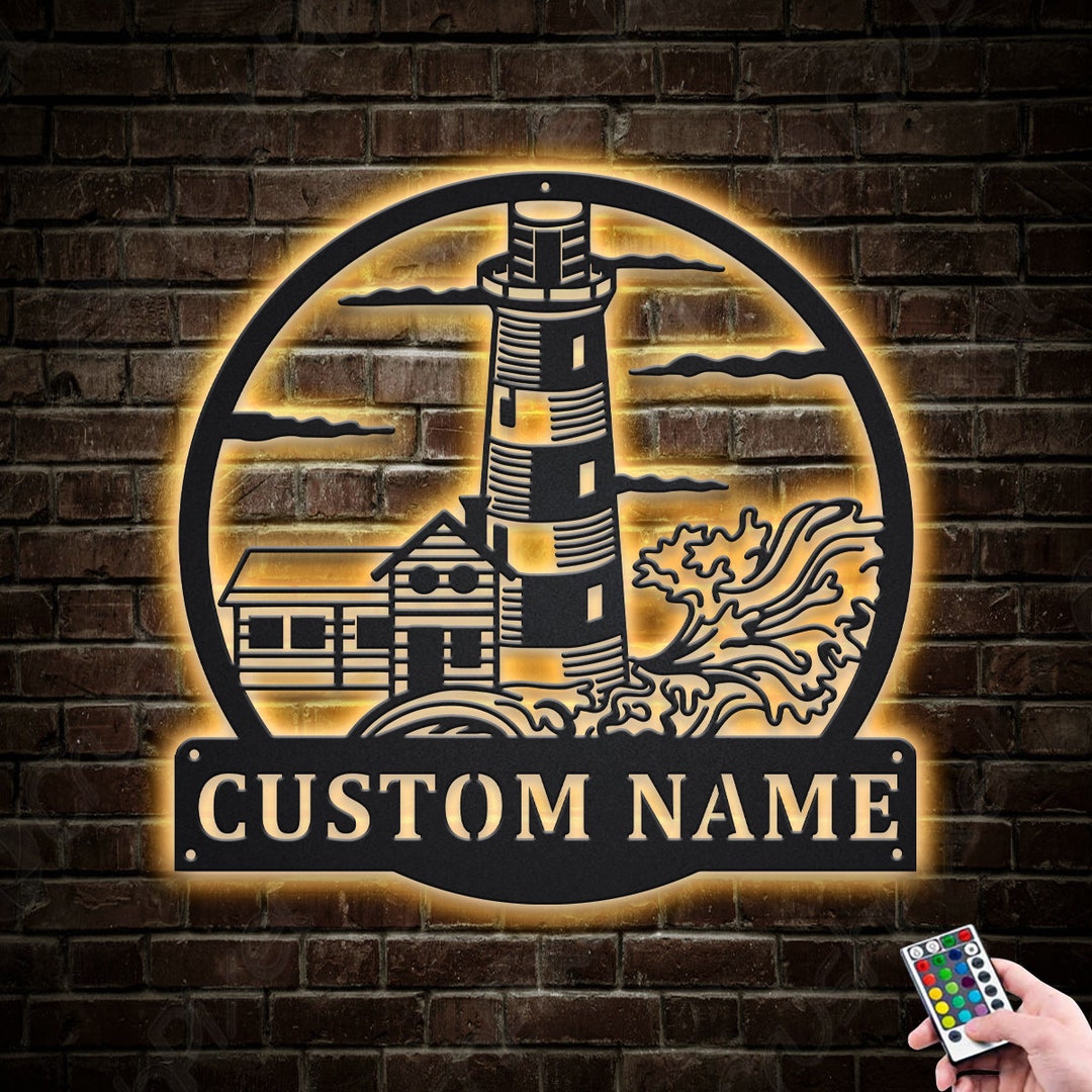 Lighthouse Metal Sign LED Lights V2, Custom Lighthouse Metal Wall Art ...