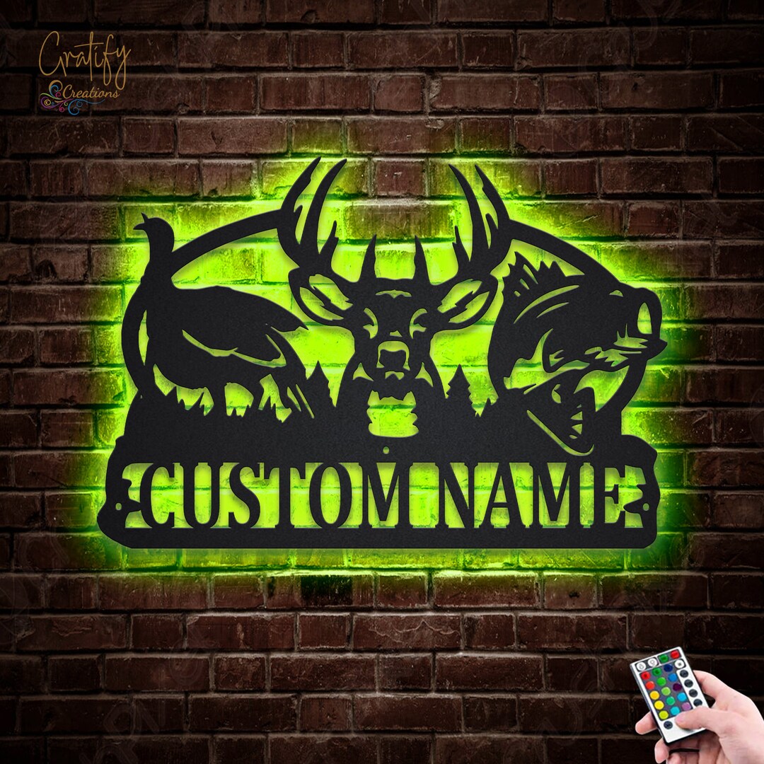 Custom Deer Duck and Bass Fishing Metal Wall Art LED Light Personalized ...