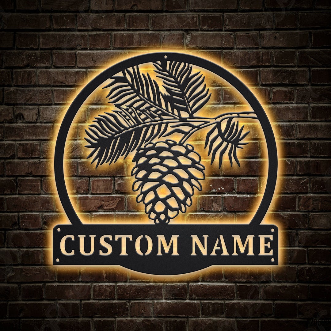 Pinecone Monogram Metal Wall Art LED Lights Custom Pinecone - Etsy