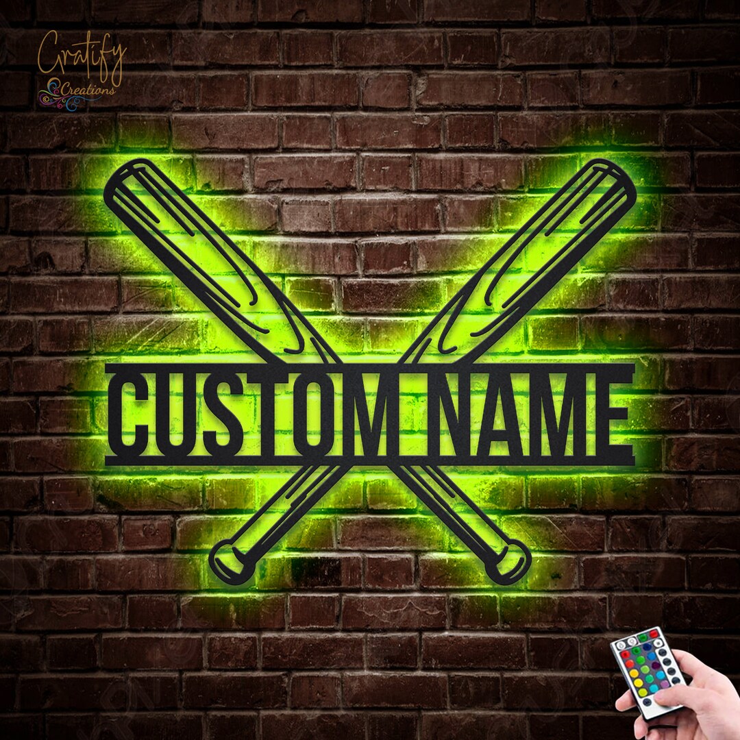 Baseball Bat Metal Wall Art LED Lights, Custom Baseball Metal Signs ...