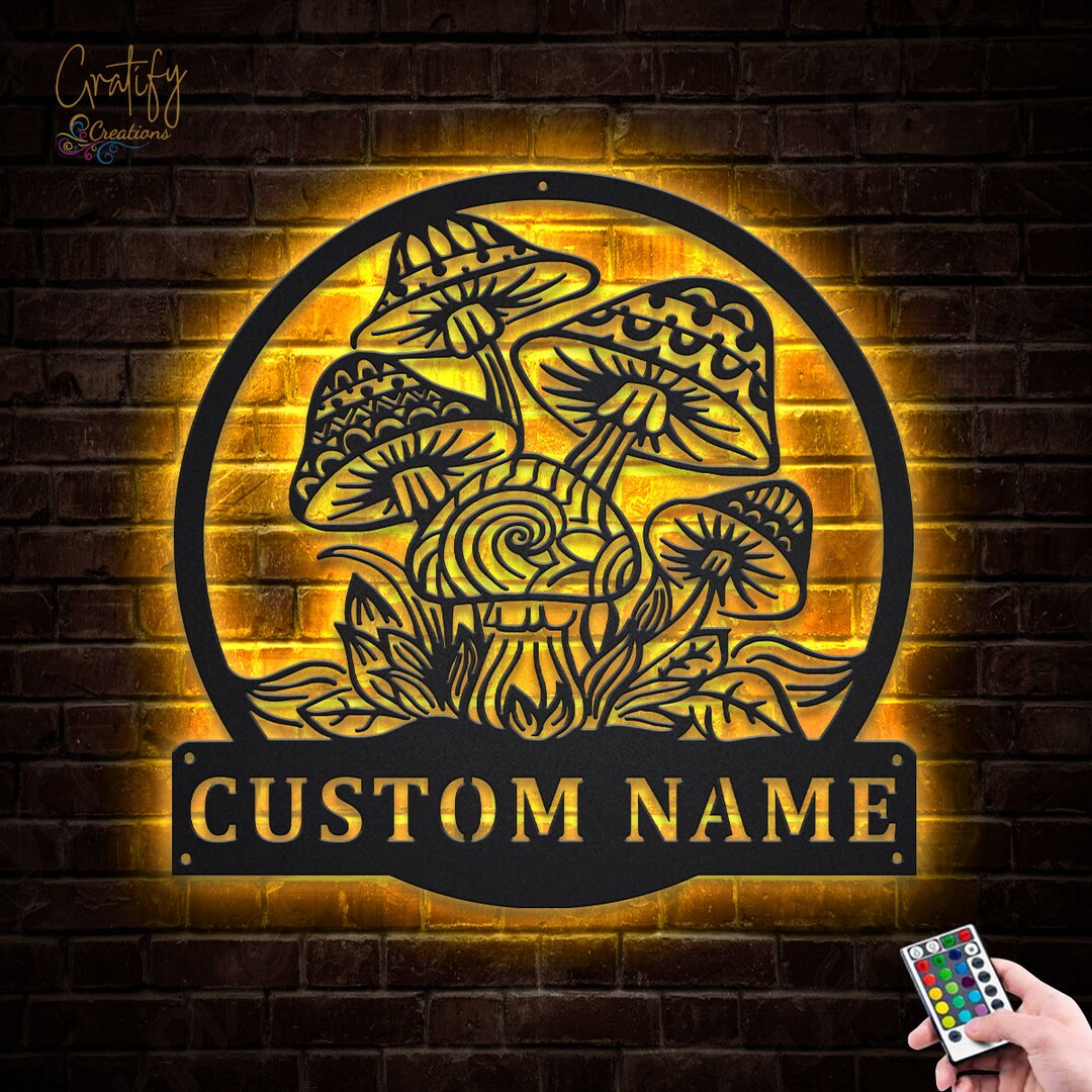 Mushrooms Metal Wall Art LED Lights, Custom Mushrooms Metal Sign ...