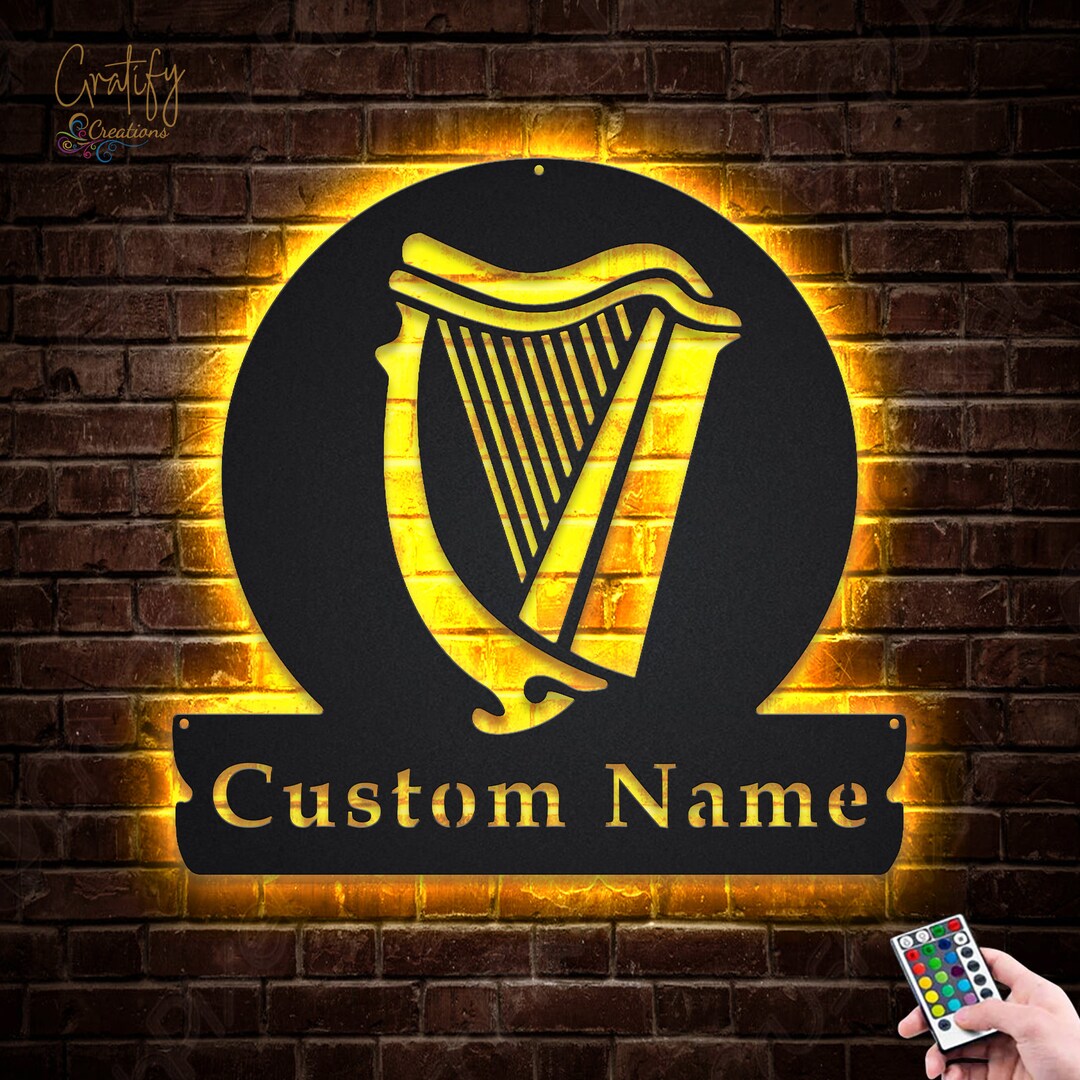 Celtic Harp Metal Sign LED Lights, Custom Celtic Harp Sign, Celtic Harp ...