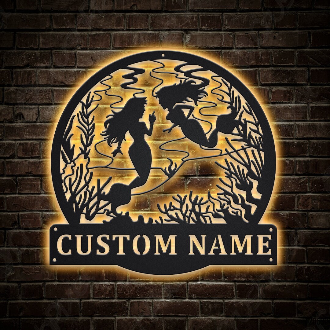 Mermaid Metal Sign LED Lights V2, Custom Mermaid Metal Sign, Mermaid ...