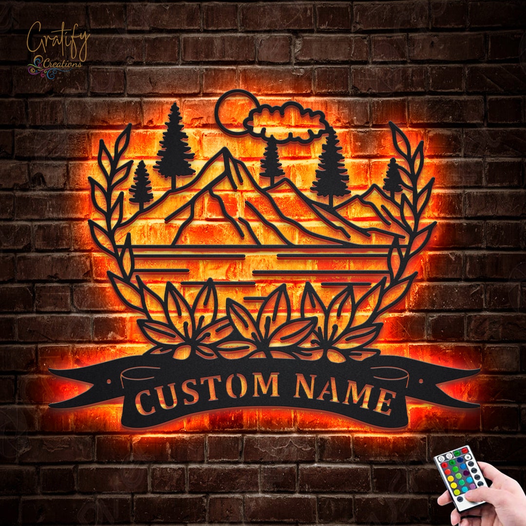 Custom Mountain Metal Wall Sign With LED Lights – Personalized Wall ...